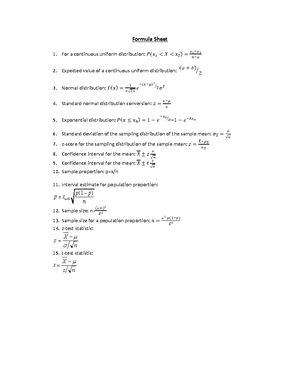 IS 601-Test3-formula sheet - Formula Sheet 1. Correlation coefficient ...