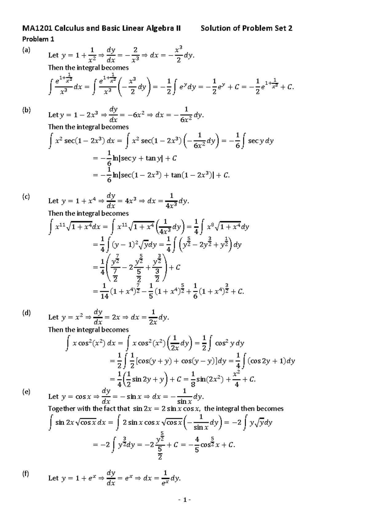 S2Integration Techniquea 13 - MA1201 Calculus and Basic Linear Algebra II Solution of Problem ...