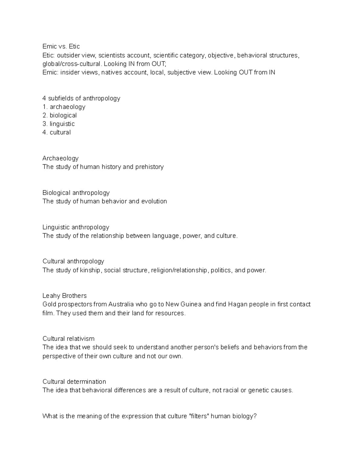 ANT 185 unit 1 review guide - Emic vs. Etic Etic: outsider view ...
