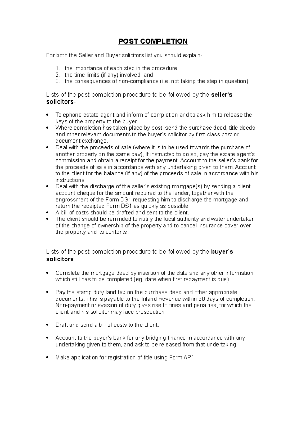 POST Completion stage - POST COMPLETION For both the Seller and Buyer ...