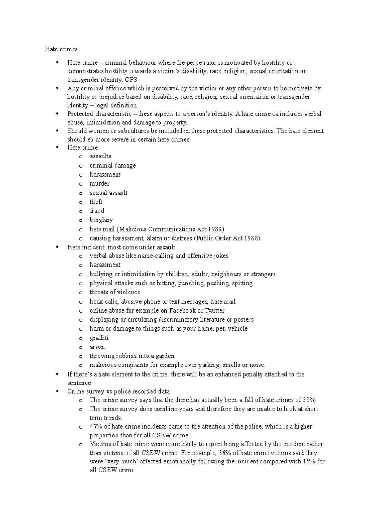 4. Hate crimes - Lecture notes 4 - Hate crimes Hate crime – criminal ...