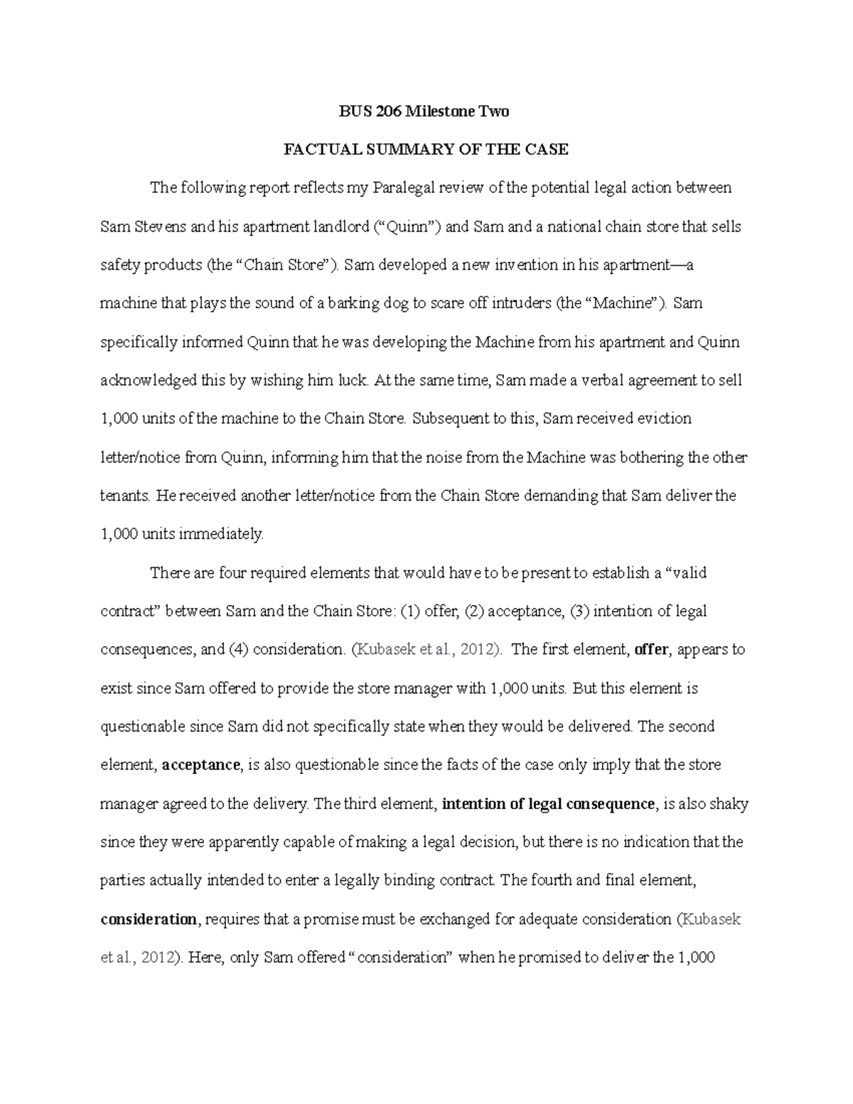 Bus 206 Milestone, Two Factual Summary Of The Case, - BUS 206 Milestone ...