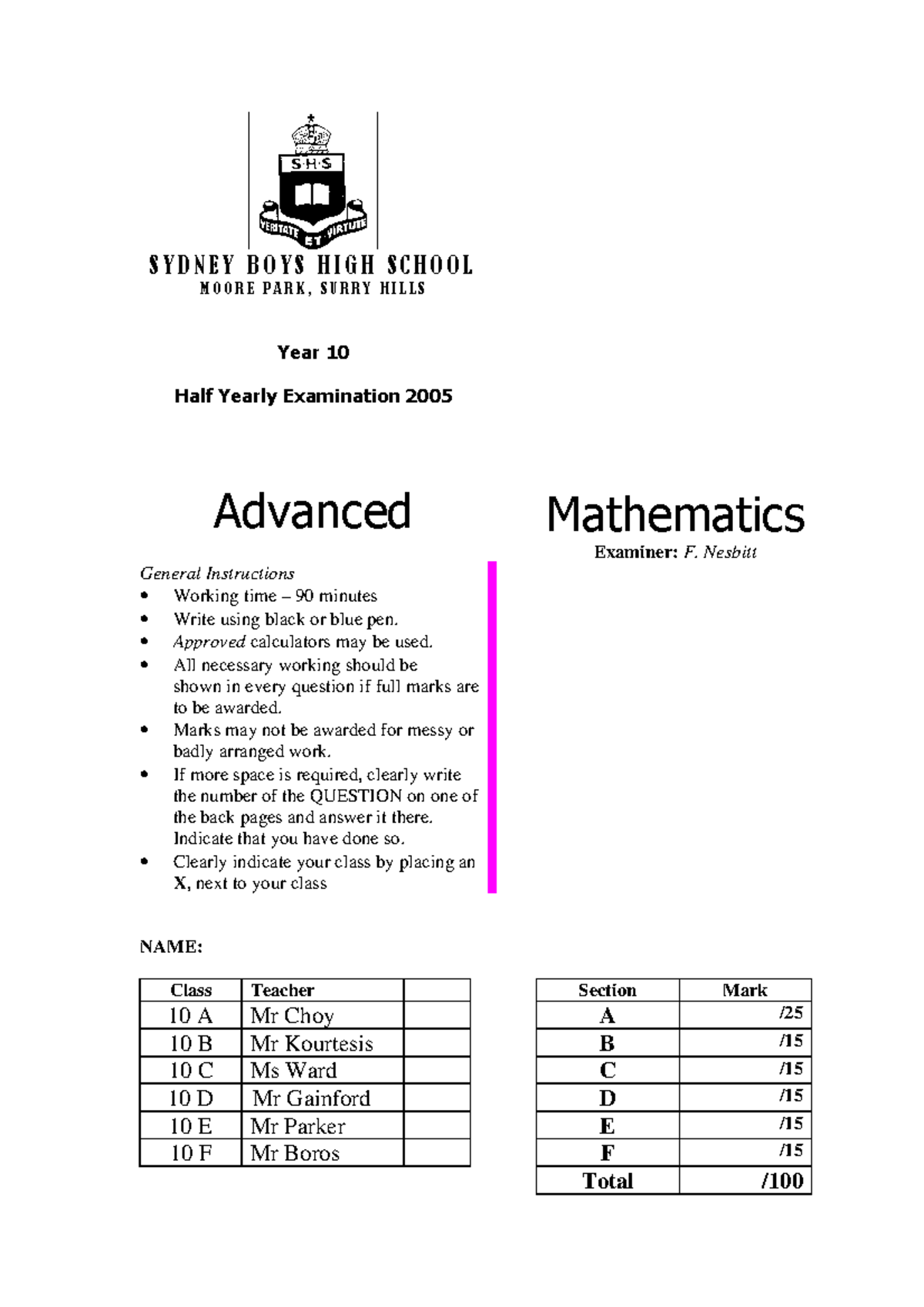 Sydney Boys 2005 Year 10 Maths HY - S Y D N E Y B O Y S H I G H S C H O ...