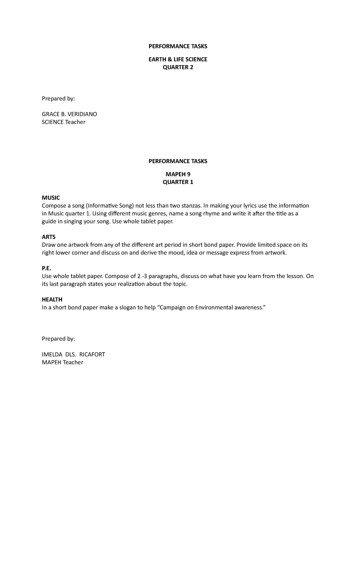 Performance Tasks mapeh q1 - PERFORMANCE TASKS EARTH & LIFE SCIENCE ...