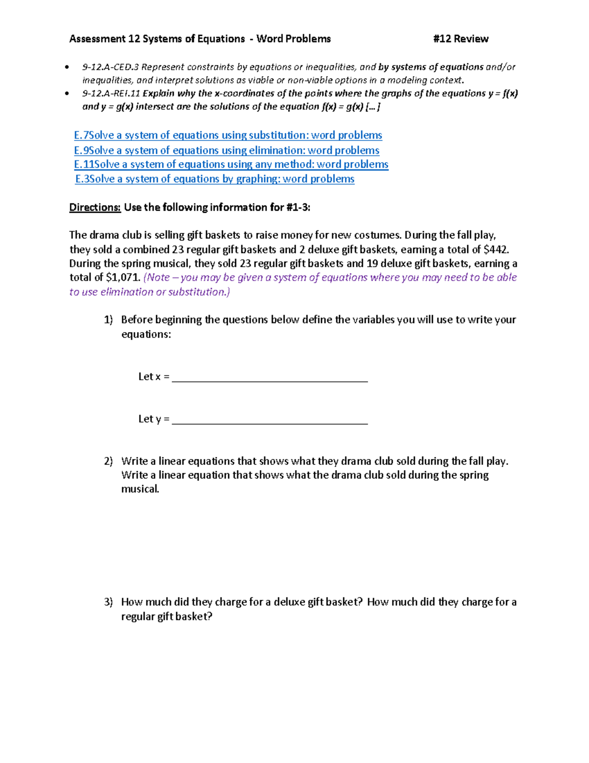 #12 - Assessment Review - System of Equations - Word Problems (E3, E7 ...