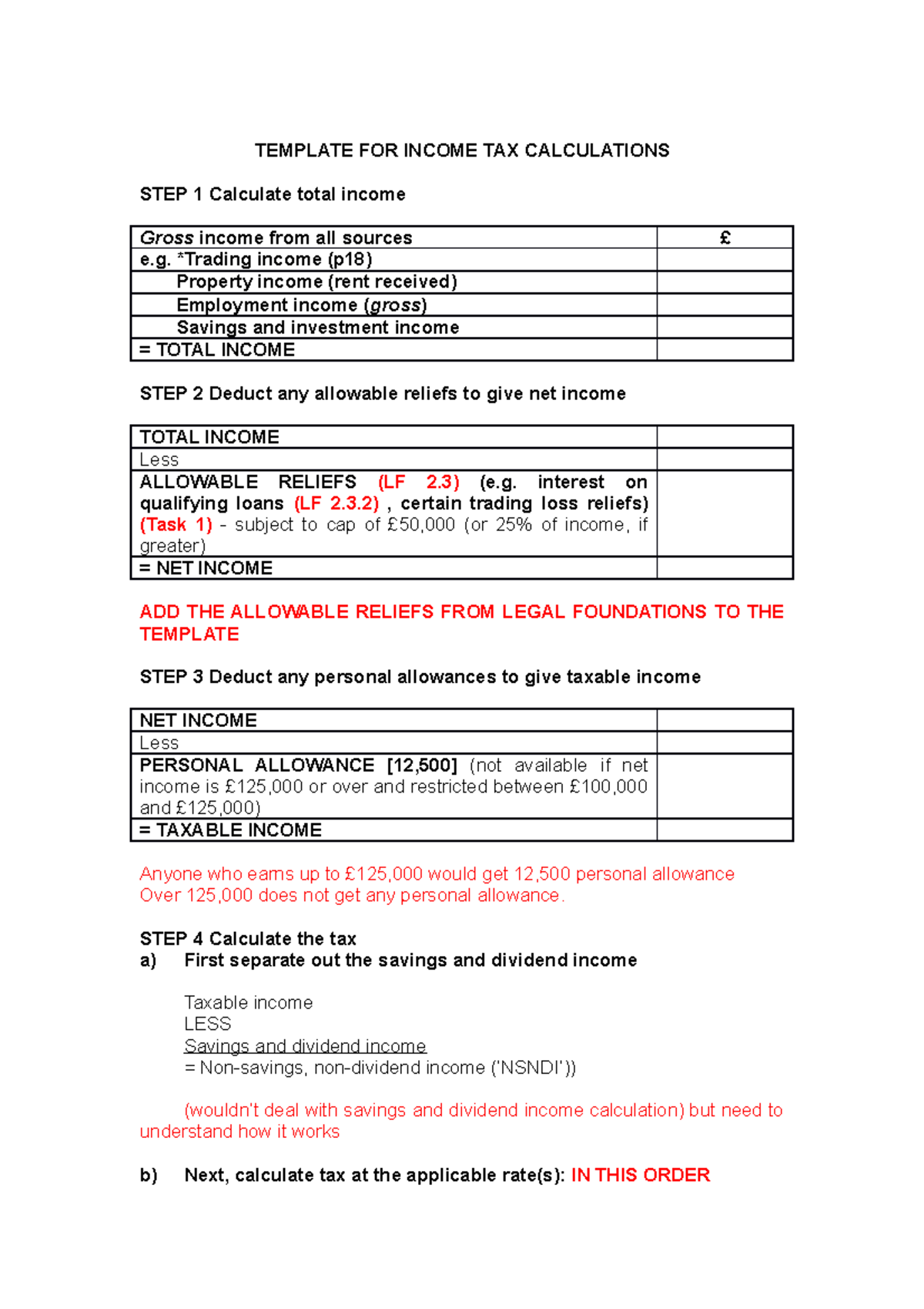 Template FOR Income TAX Calculations - TEMPLATE FOR INCOME TAX ...