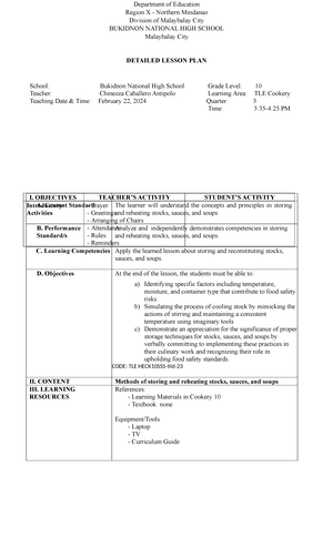 Detailed Lesson PLAN 2 - DETAILED LESSON PLAN IN COOKERY TLE Cookery 9 ...