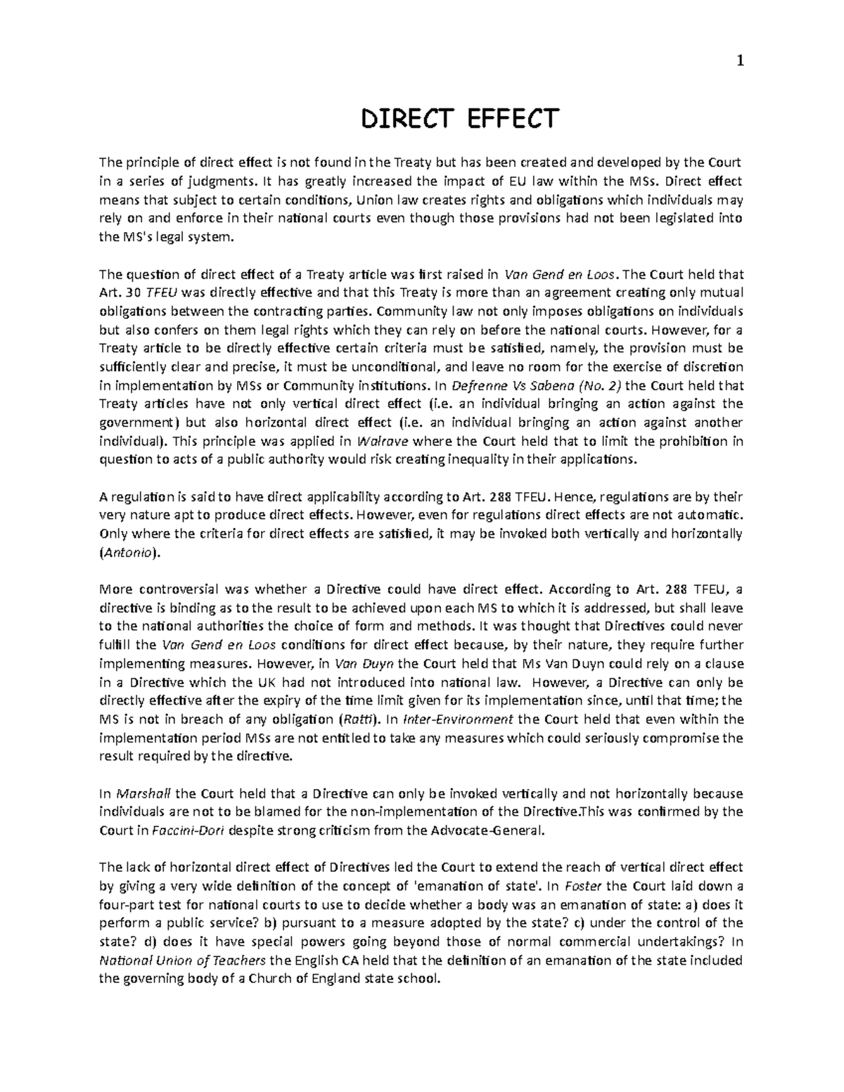 Direct-effect - Grade: A+ - 1 DIRECT EFFECT The principle of direct ...