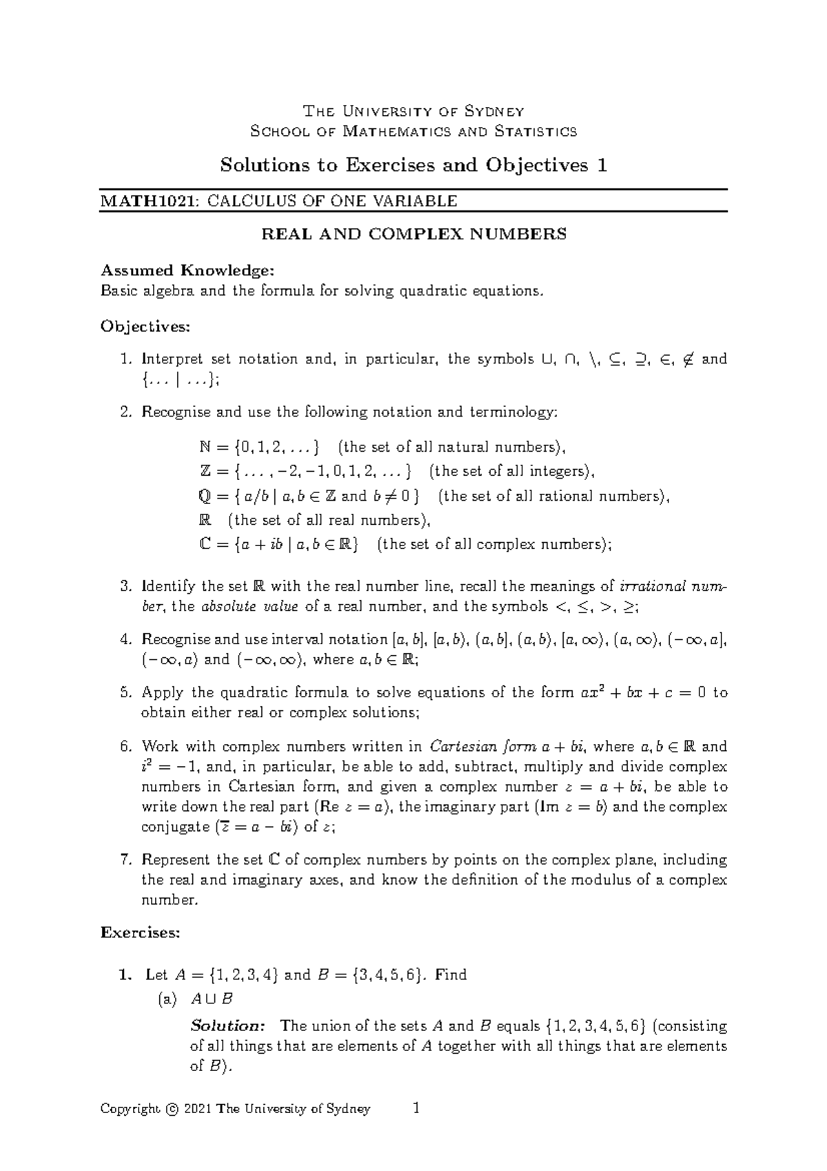 Exercises-1-Sols - MATH1021 w1TUT question and solution - The ...