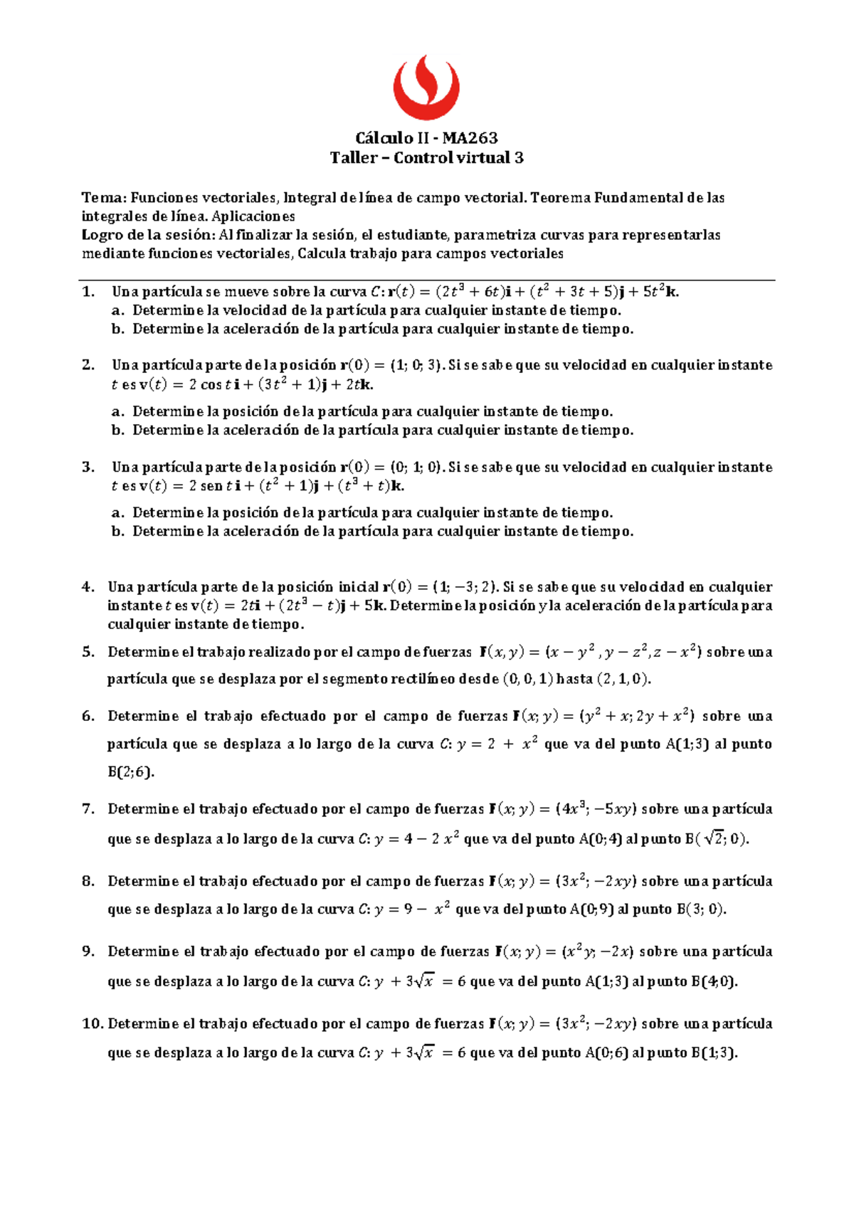 MA263 Taller - Control virtual 3 - Cálculo II - MA Taller – Control virtual 3 Tema: Funciones ...