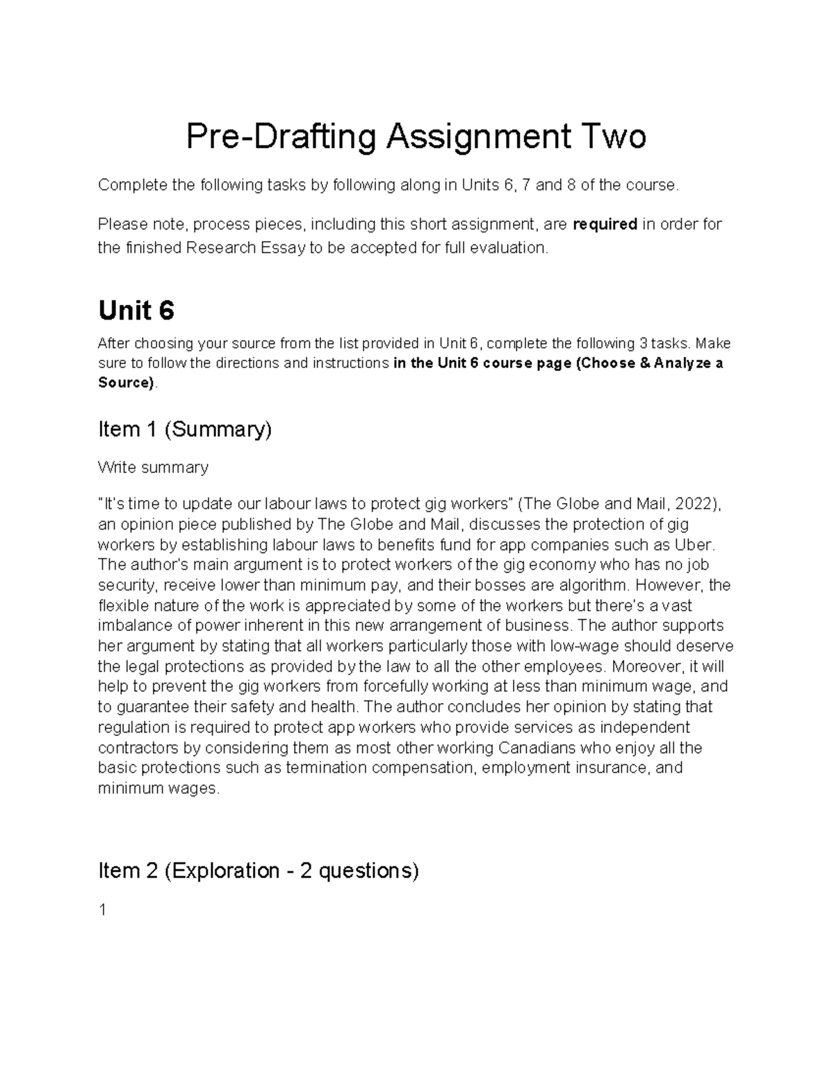 Pre-Drafting Assignment Two - Pre-Drafting Assignment Two Complete the ...
