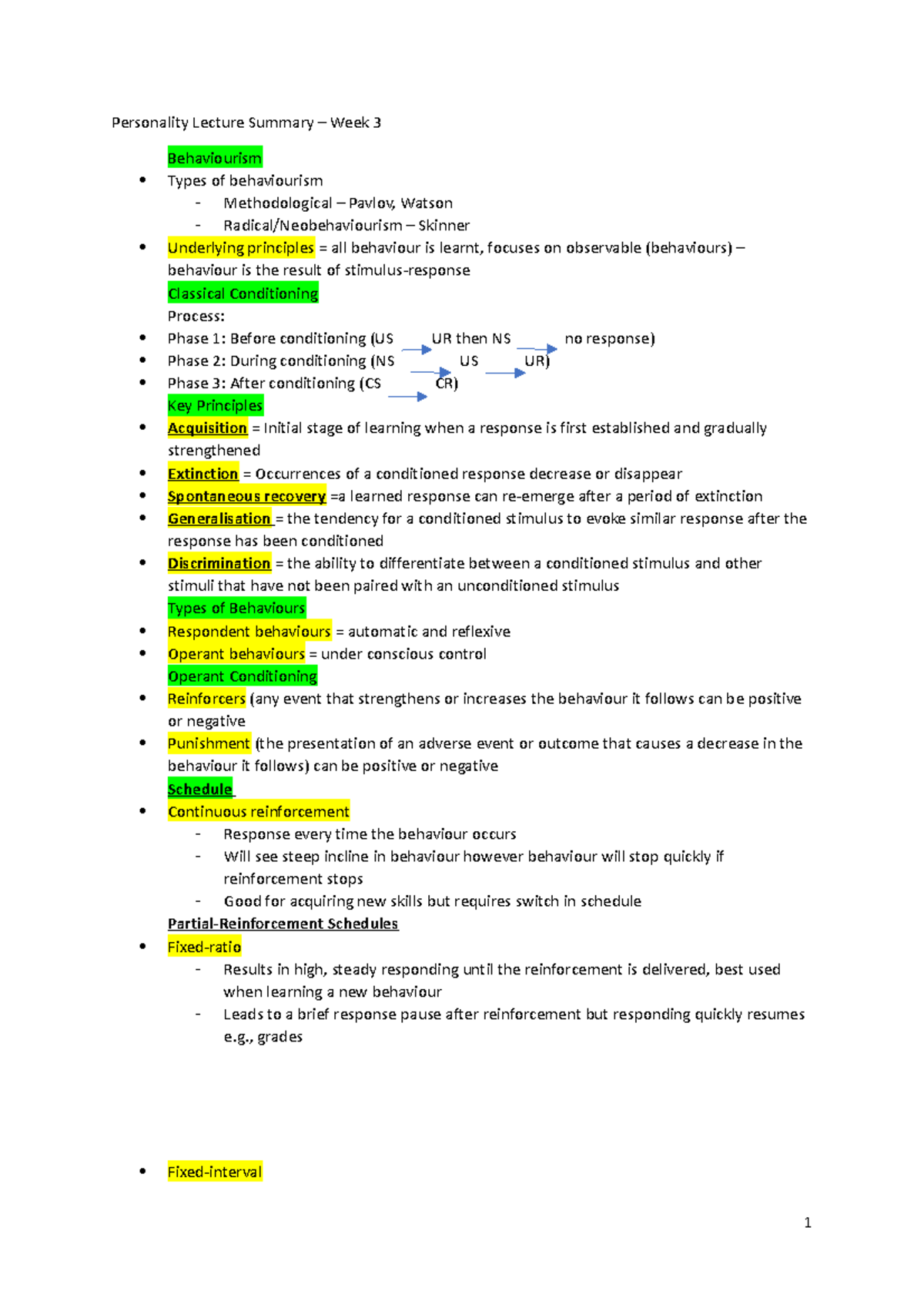 Personality Lecture Summary - Week 3 - , grades Fixed-interval 1 Results in a fairly significant ...