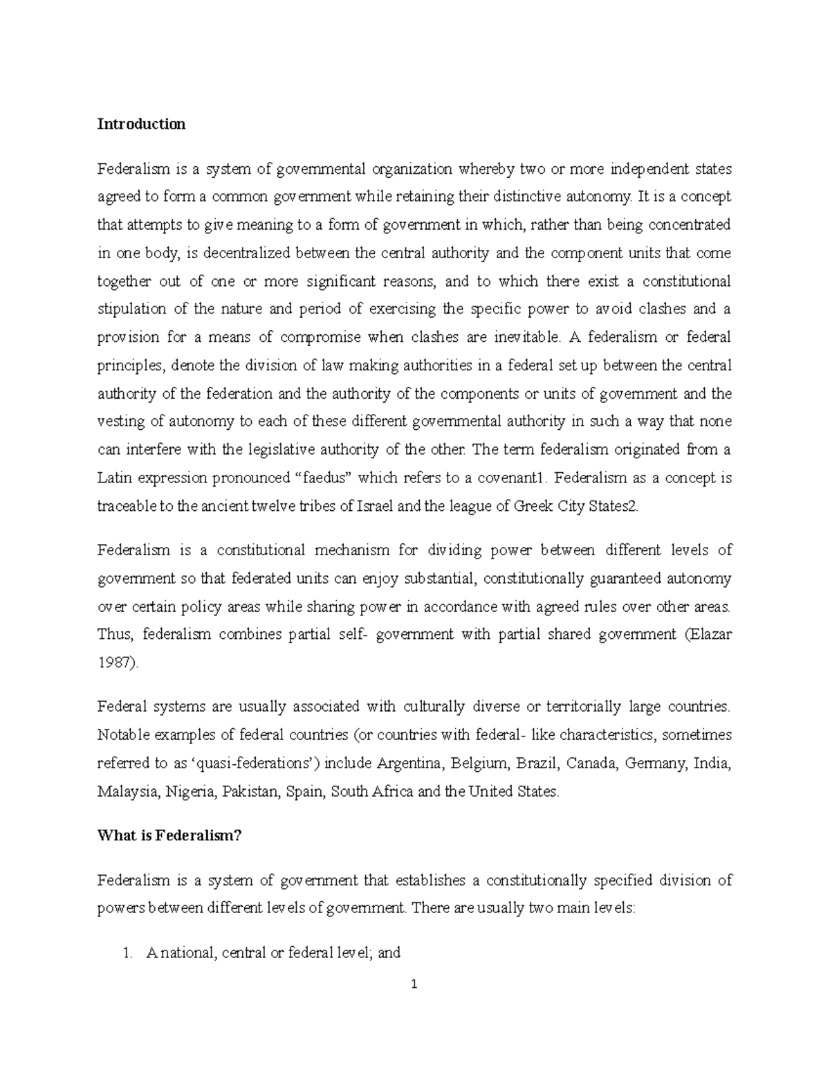 PADM 315 - PRACTICALS - Introduction Federalism is a system of ...