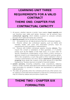 Chapter 3 - Chapter 3: − Basis of modern SA law: o Will theory = subjective consensus o Reliance ...