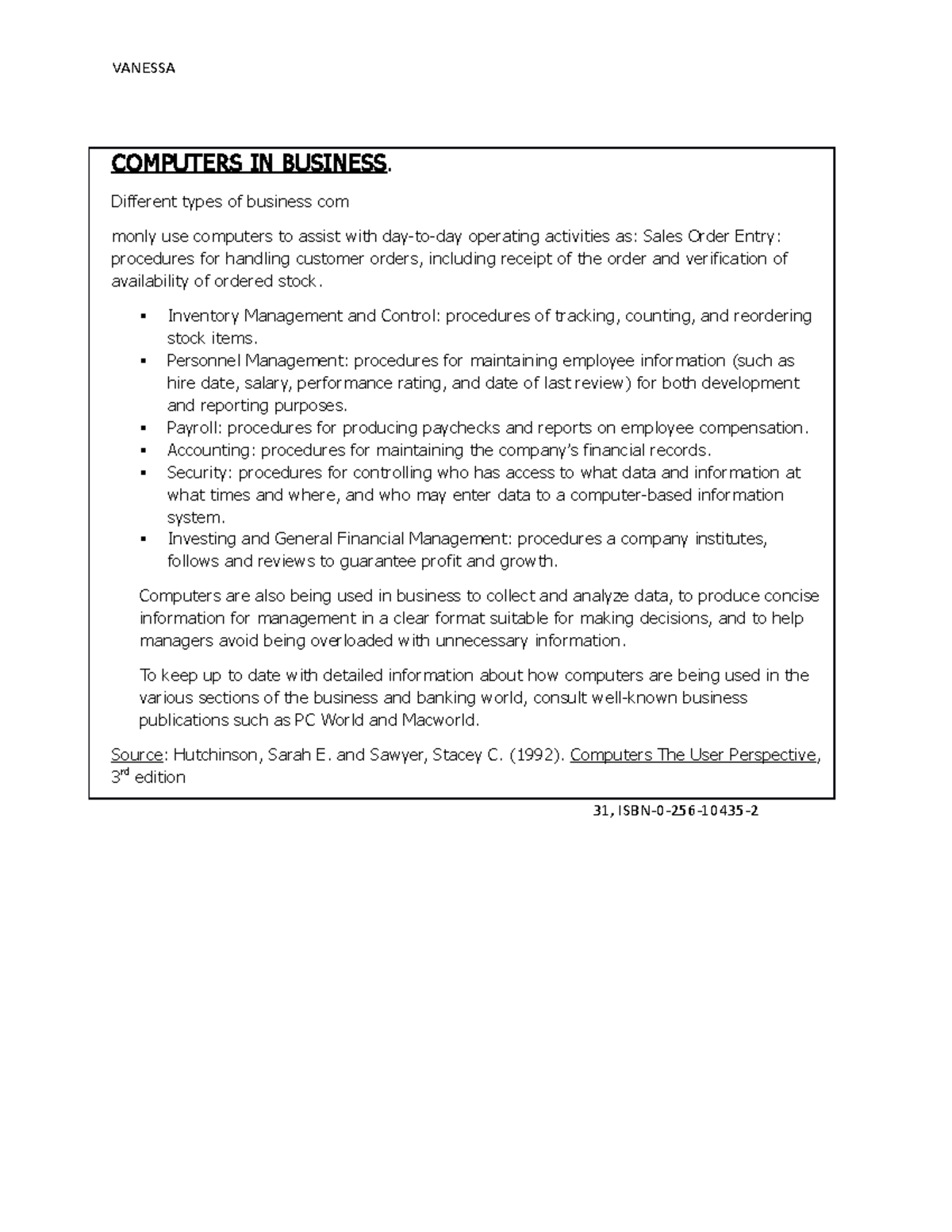 Computers IN Business - practical work - VANESSA COMPUTERS IN BUSINESS ...