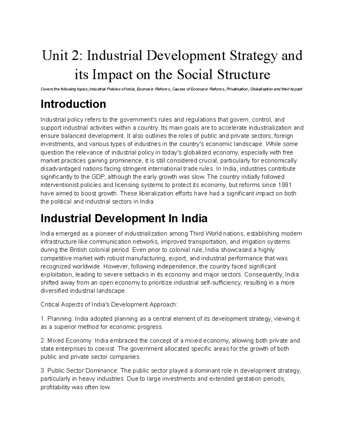 Unit 2 Industrial Development Strategy and its Impact on the Social ...