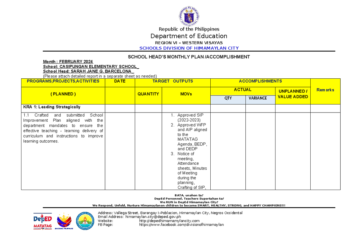 School Heads Monthly Plan And Accomplishment 2024 1 - Department of ...