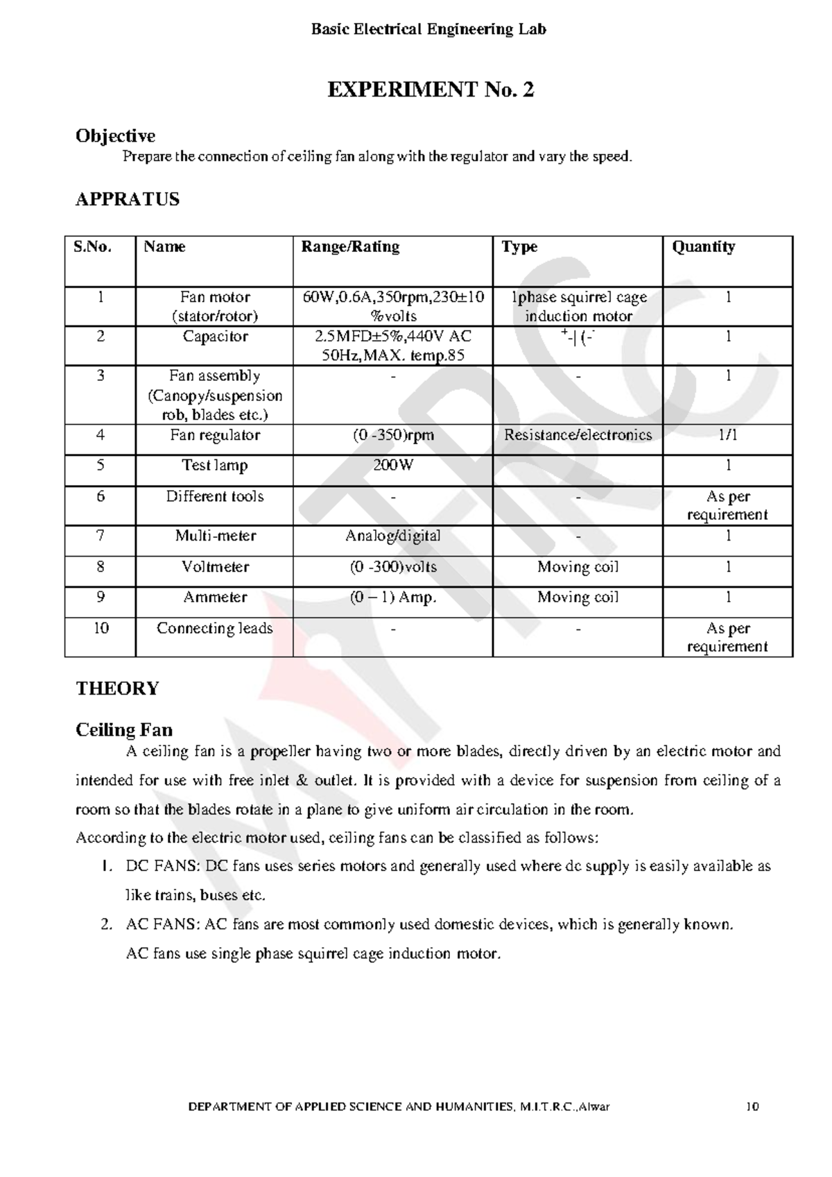 BEE Lab Exp. 2 - Basic Electrical Engineering Lab DEPARTMENT OF APPLIED SCIENCE AND HUMANITIES ...