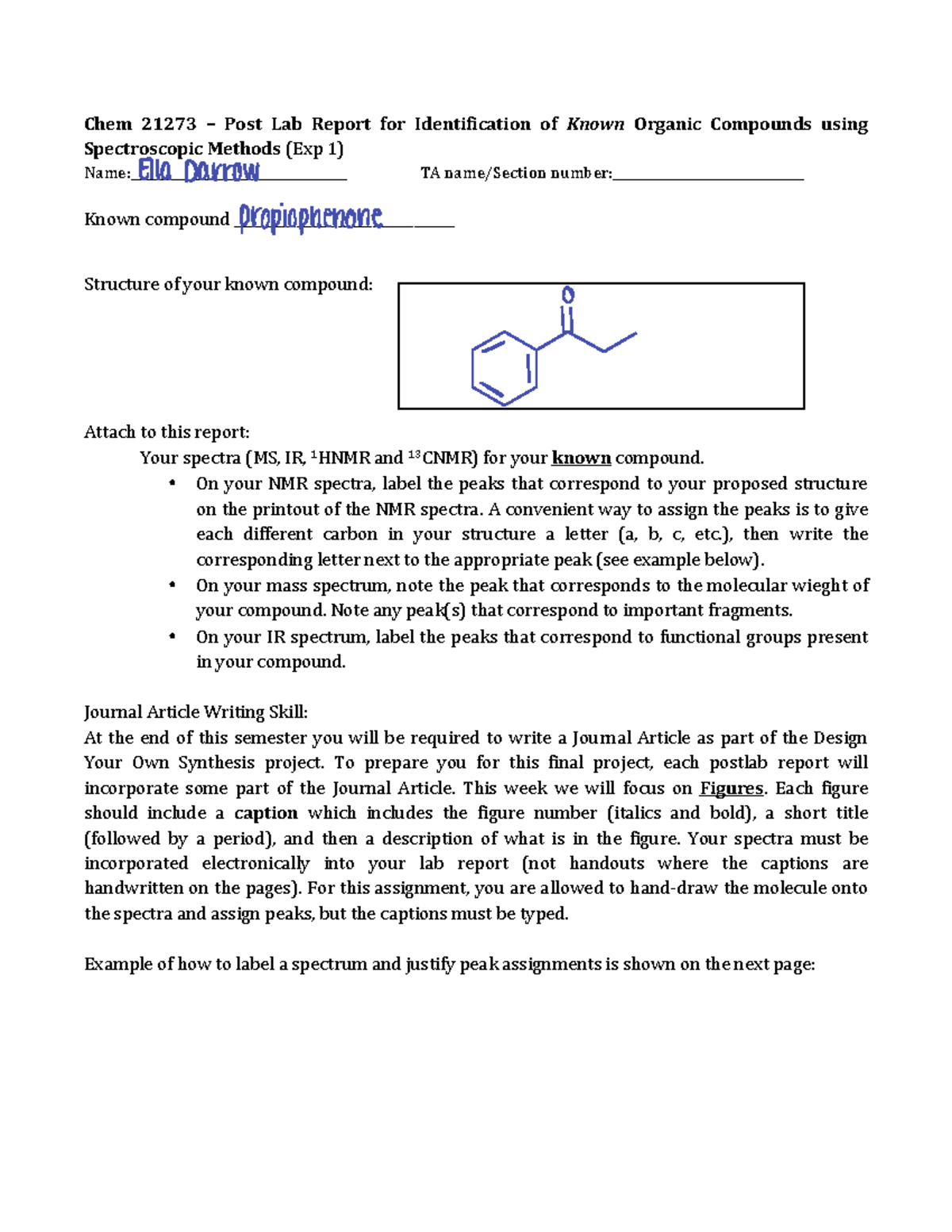 Post Lab Report for Known Compound - Chem 21273 – Post Lab Report for ...