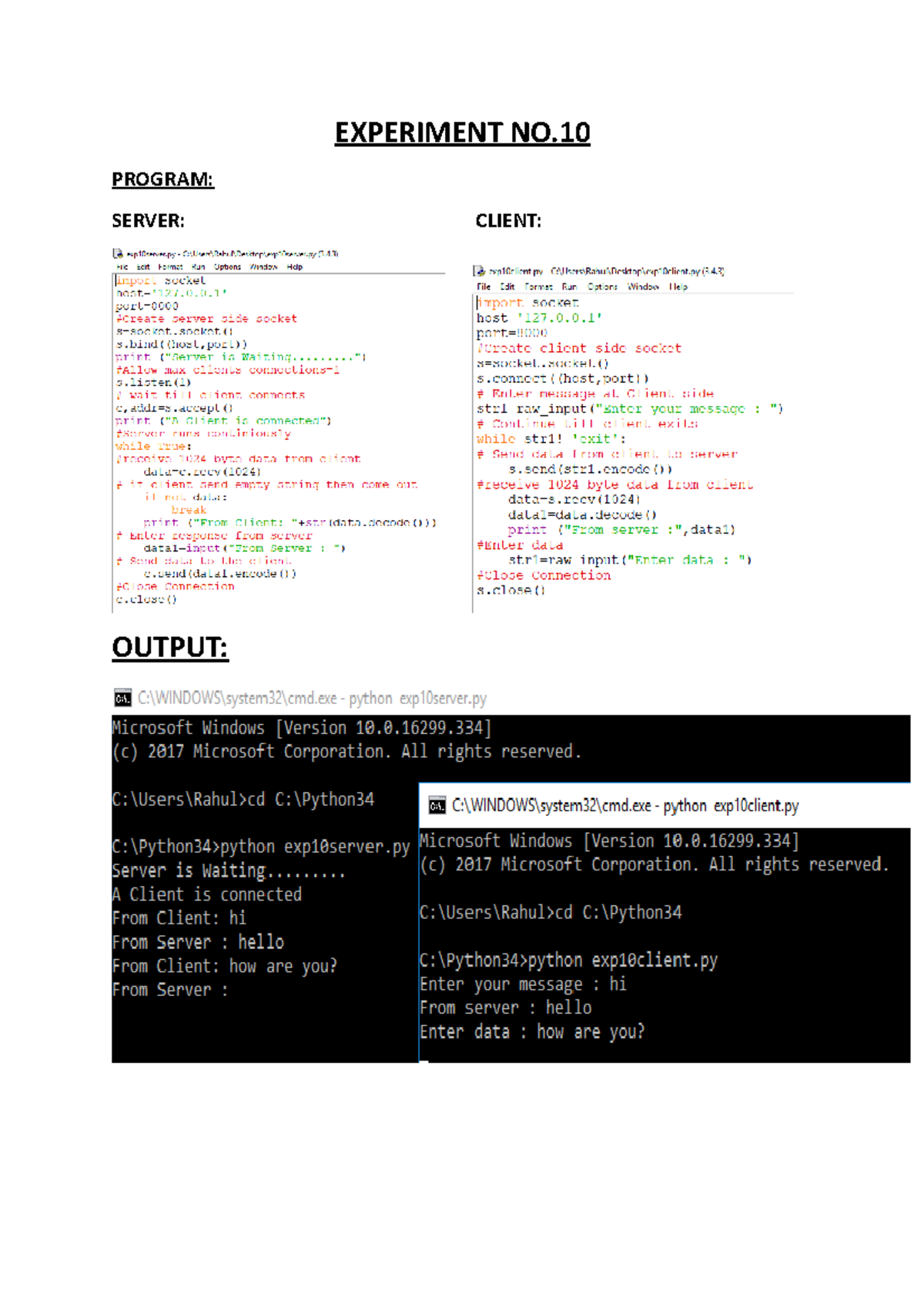 Experiment No 10 Socket Programing Experiment No Program Server 5517