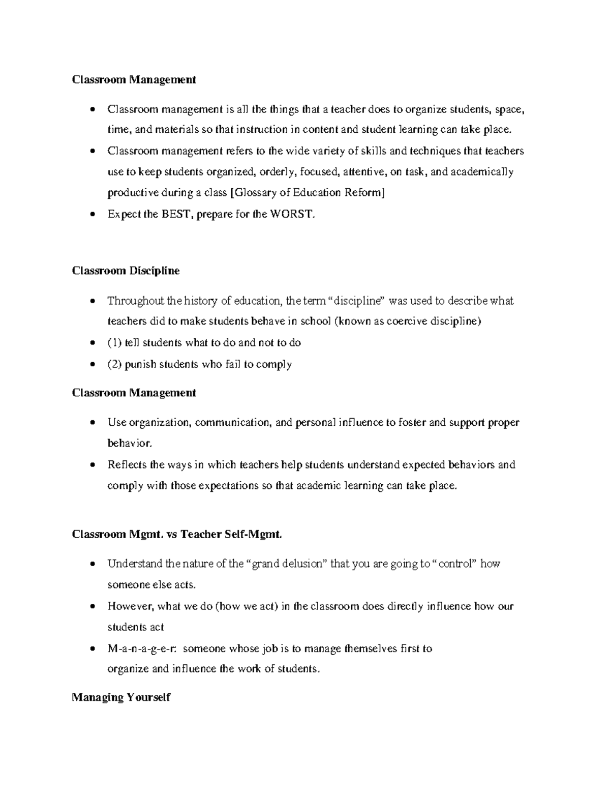 Classroom Management - Lecture notes 1 - Classroom Management Classroom ...