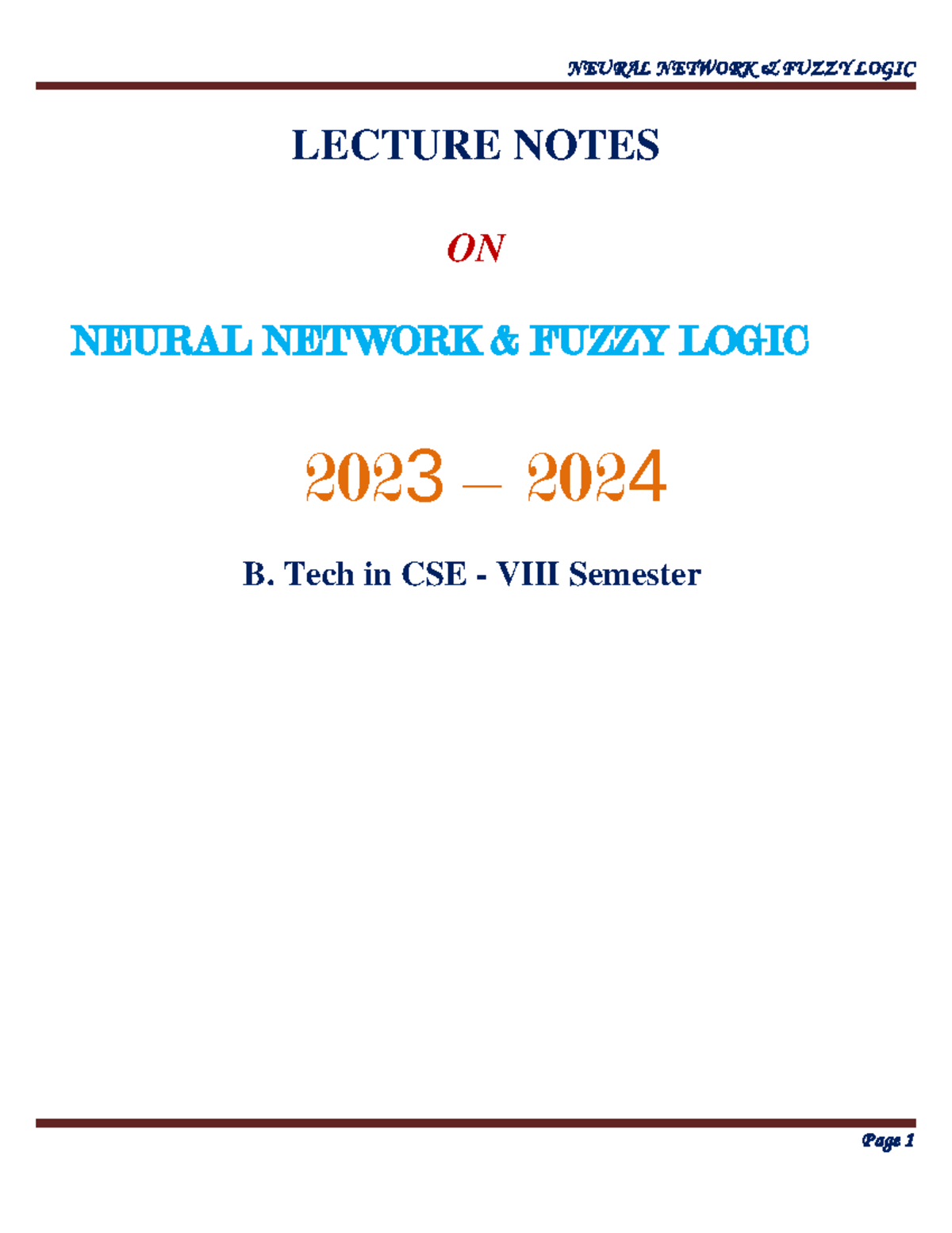 Notes B.tech CSE - VIII Neural Network & Fuzzy Logic - Page 1 LECTURE ...