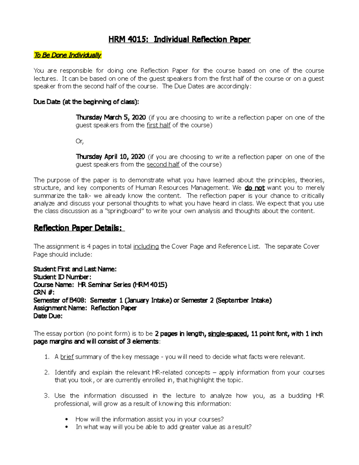 Reflection Paper Outline - 2020 - HRM 4015: Individual Reflection Paper ...