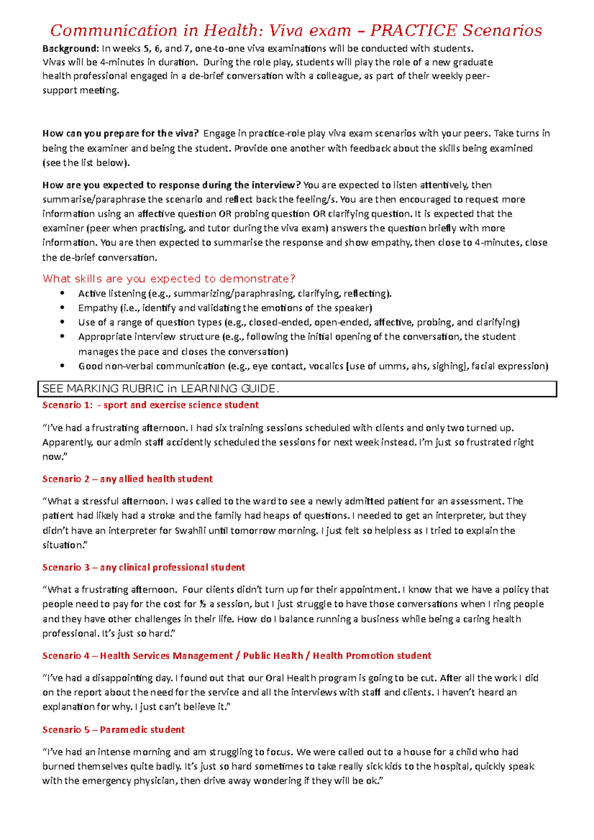 Week 3 and 4 Tutorial VIVA Exam Practice scenarios 2022 - Communication ...