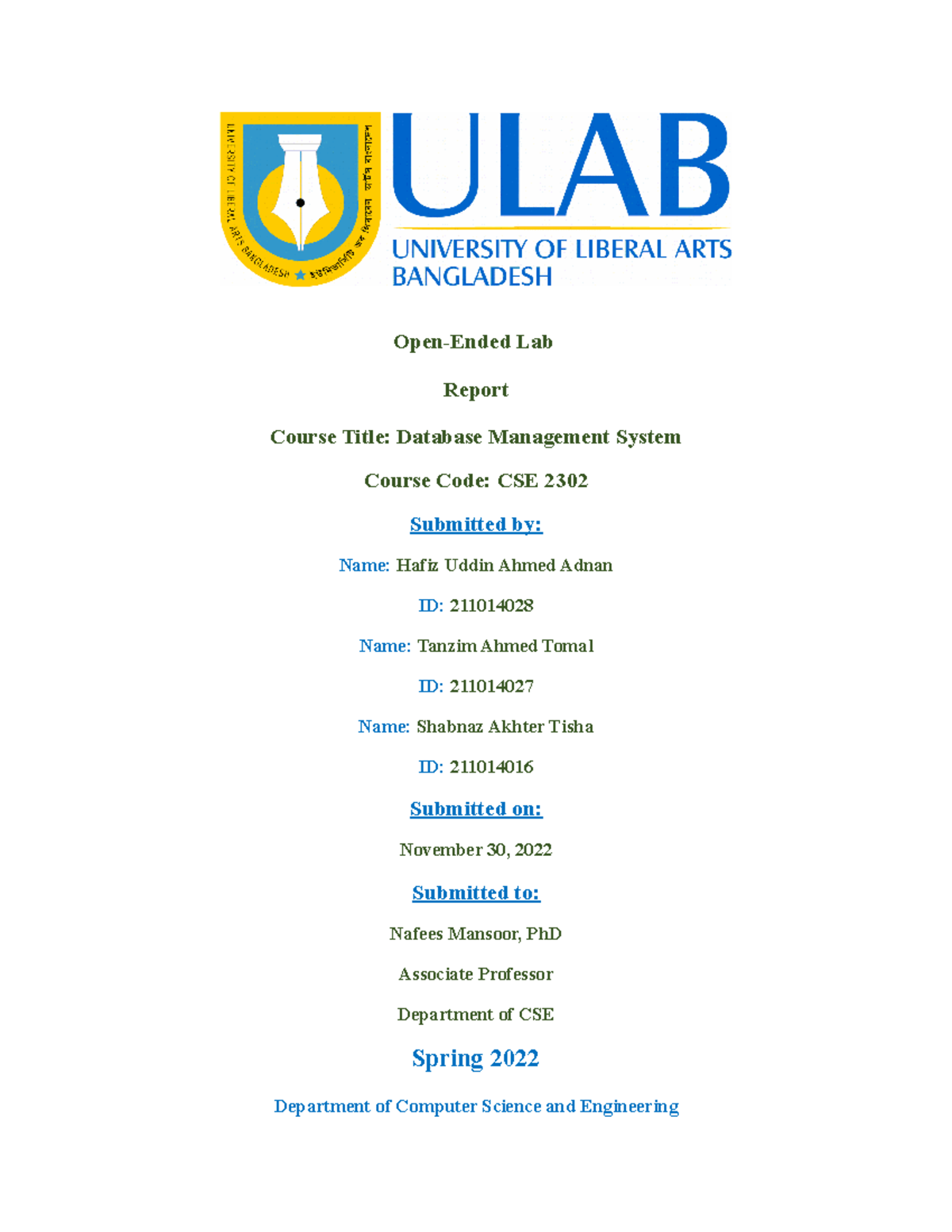 DBMS-1 - ....... - Open-Ended Lab Report Course Title: Database Management System Course Code ...