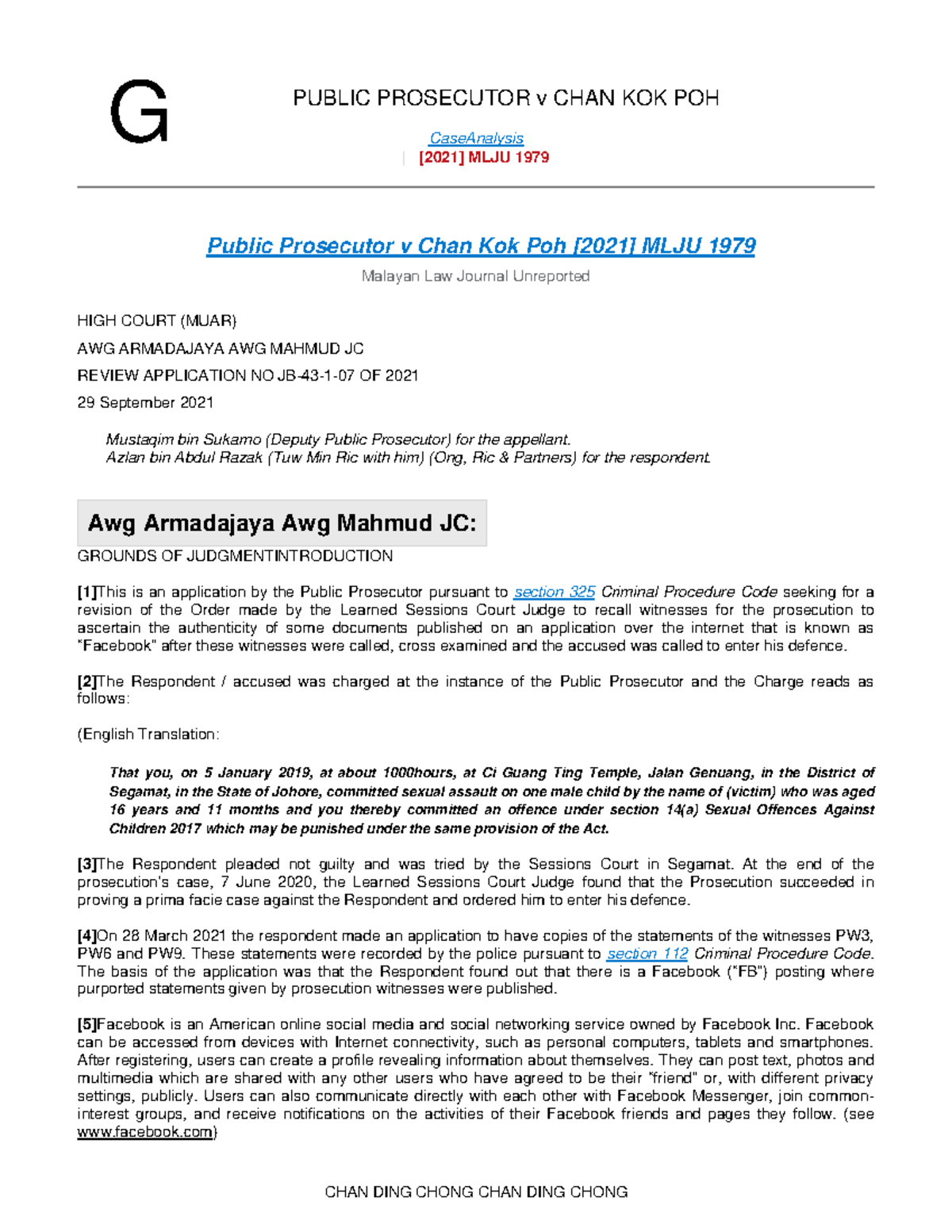 Public Prosecutor v Chan Kok Poh [2021] MLJU 1979-2-19 removed - CHAN ...