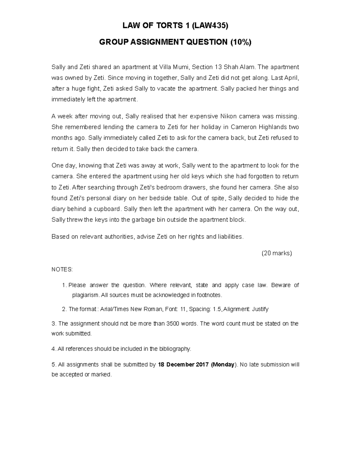 Assignment LAW435 SEM SEPT 2017 - LAW OF TORTS 1 (LAW435) GROUP ...