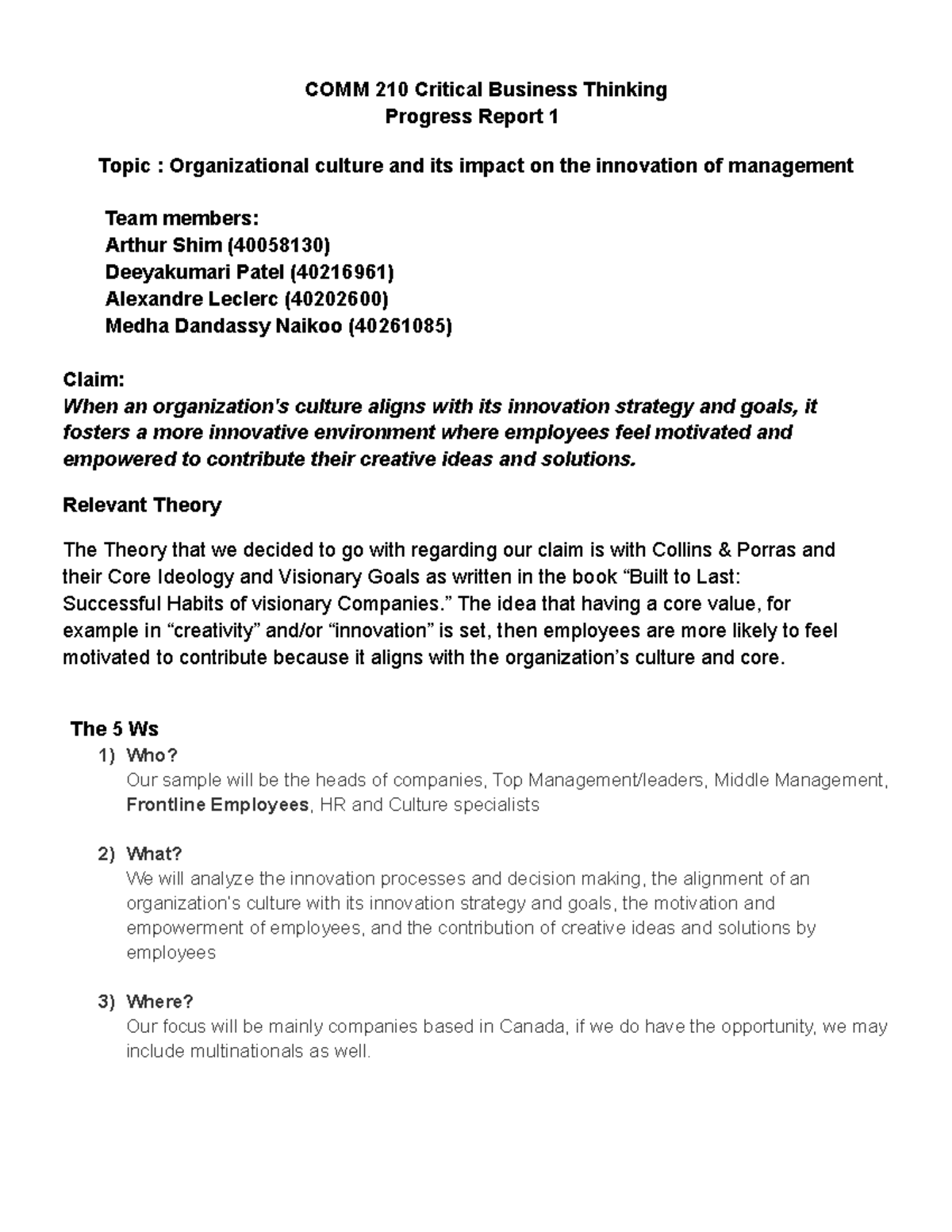 Group 9 Progress Report 1 - COMM 210 Critical Business Thinking ...