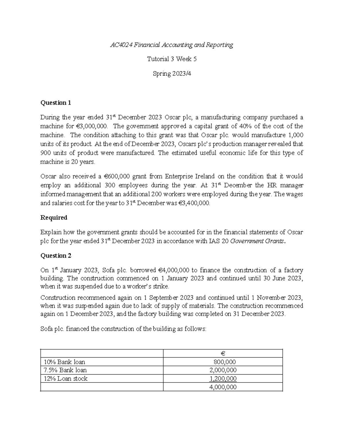Tutorial week 5 acc - AC4024 Financial Accounting and Reporting Tutorial 3 Week 5 Spring 2023 ...