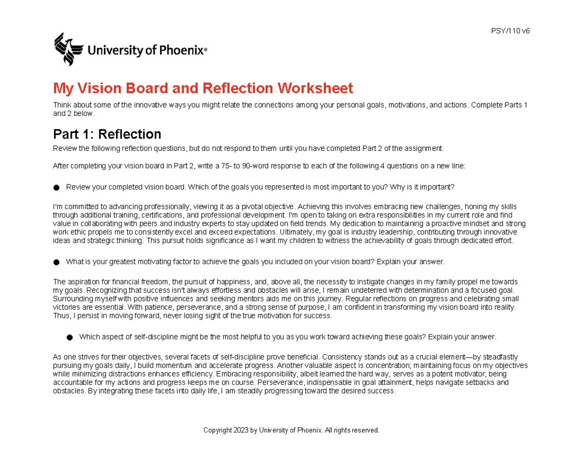 Psy110 v6 wk5 my vision board and reflection worksheet - PSY/110 v My ...