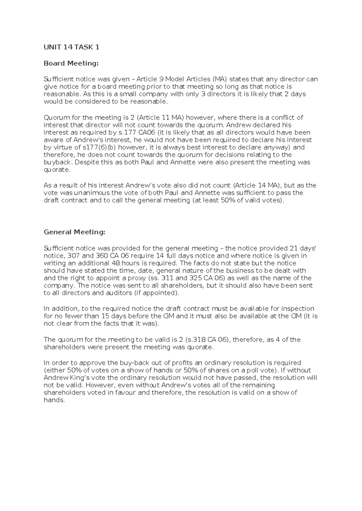Business law unit 14 task 1 - UNIT 14 TASK 1 Board Meeting: Sufficient ...