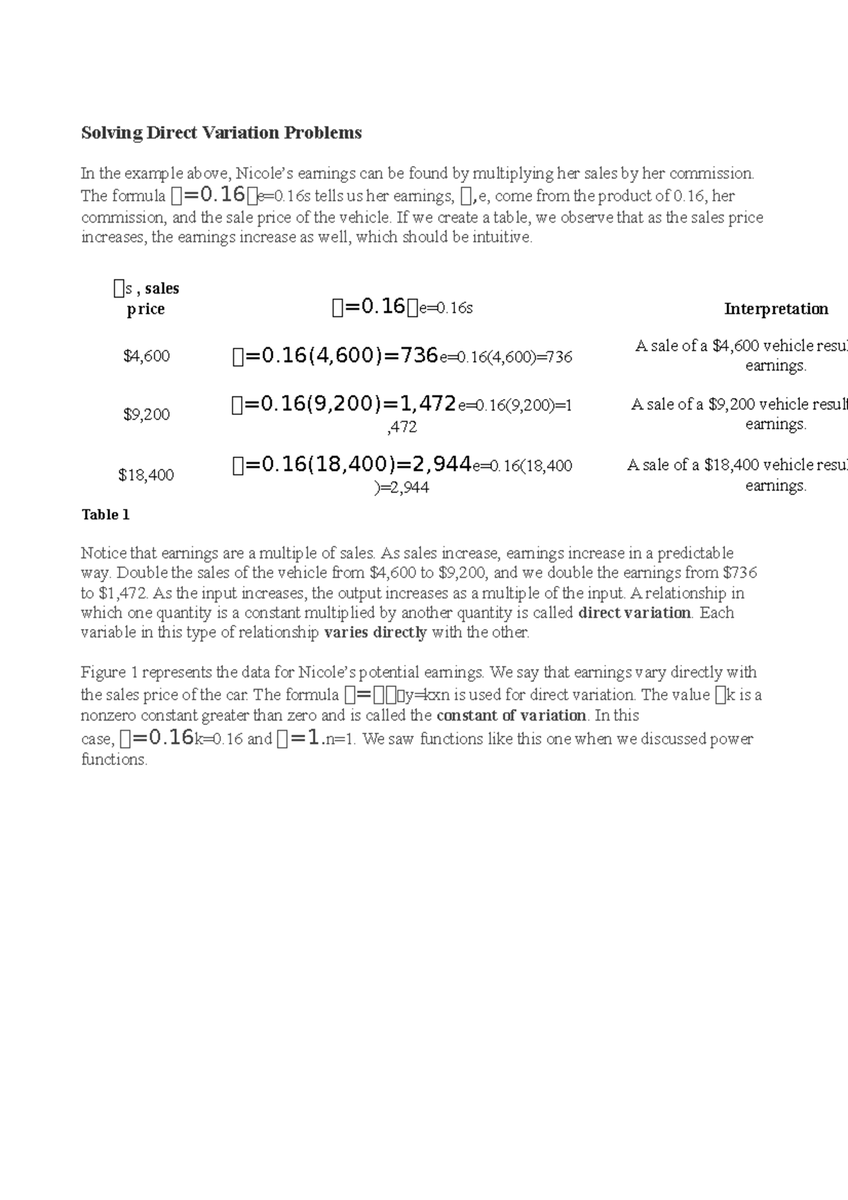 5.8 modeling using variation - Solving Direct Variation Problems In the example above, earnings ...
