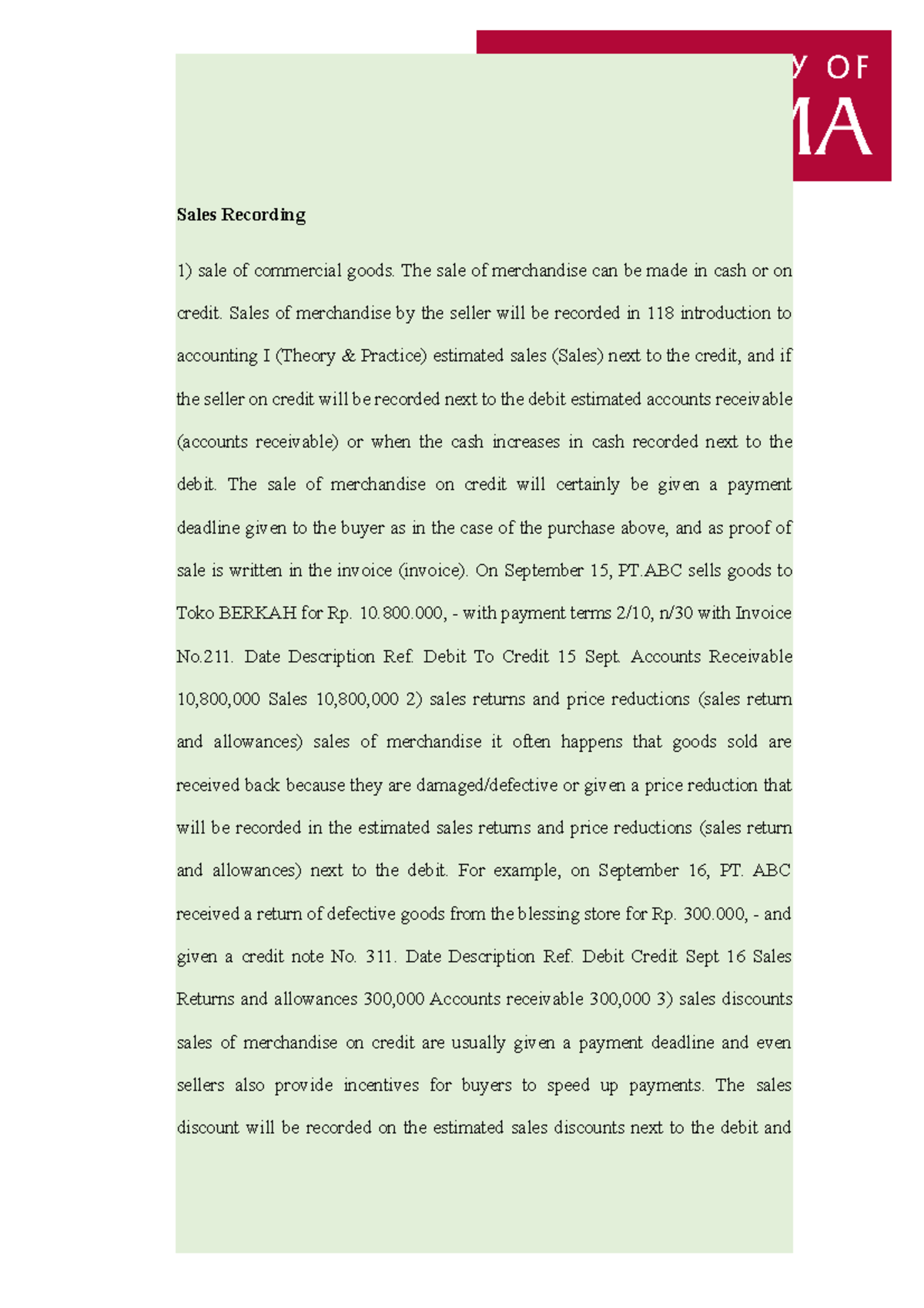Documents Accounting - Sales Recording - Sales Recording sale of ...