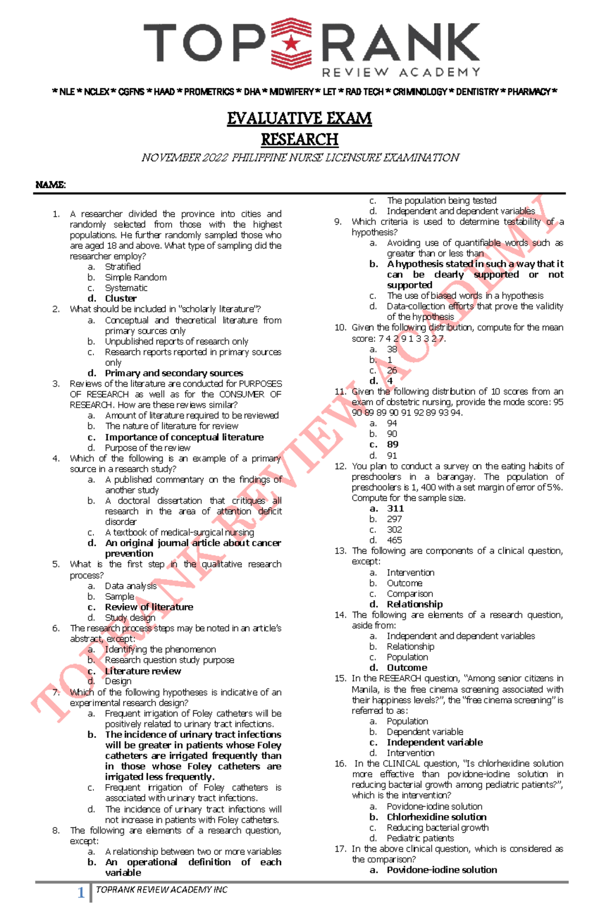EVAL EXAM Research ANS KEY NLE NCLEX CGFNS HAAD PROMETRICS DHA eval-exam-research-ans-key-nle-nclex-cgfns-haad-prometrics-dha