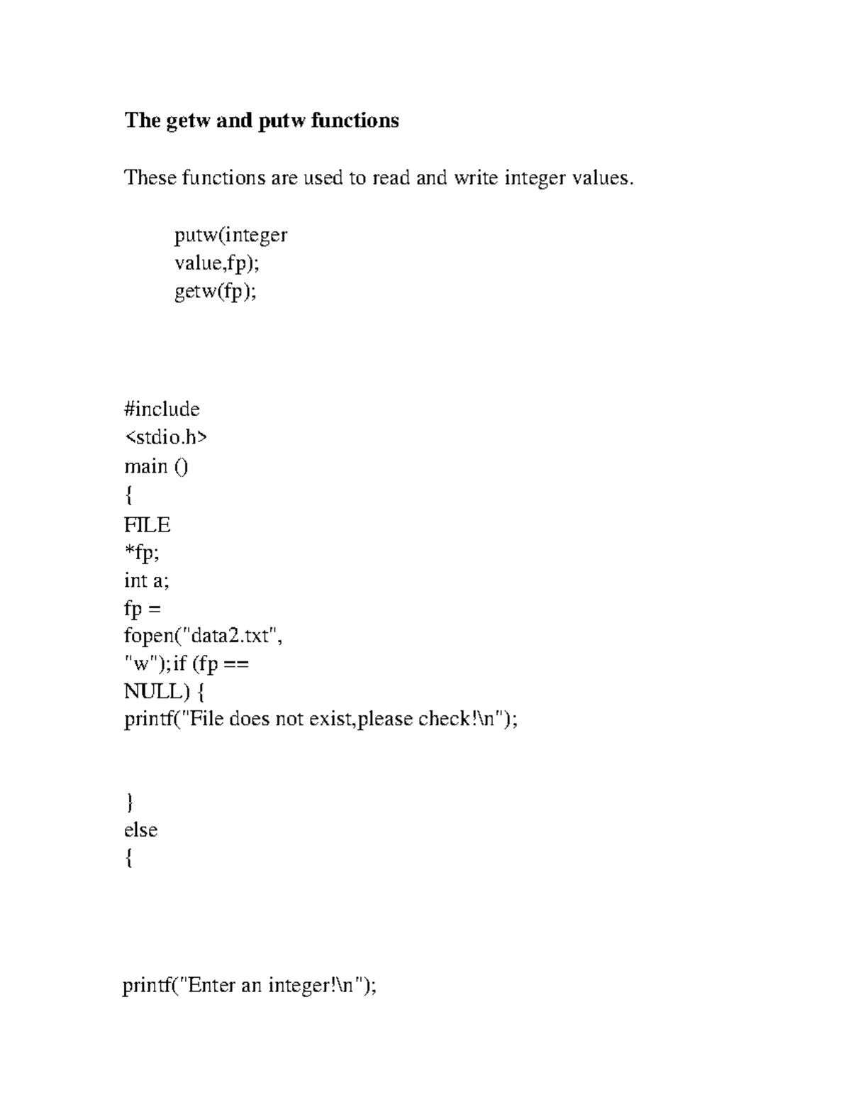 The getw and putw functions - The getw and putw functions These ...