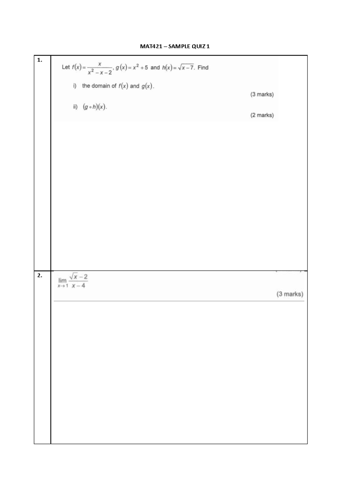 QUIZ 1 - MAT421 ( Sample) [20242 ] - calculus - MAT421 – SAMPLE QUIZ 1 1. 2. 3. 4. 5. Find the ...