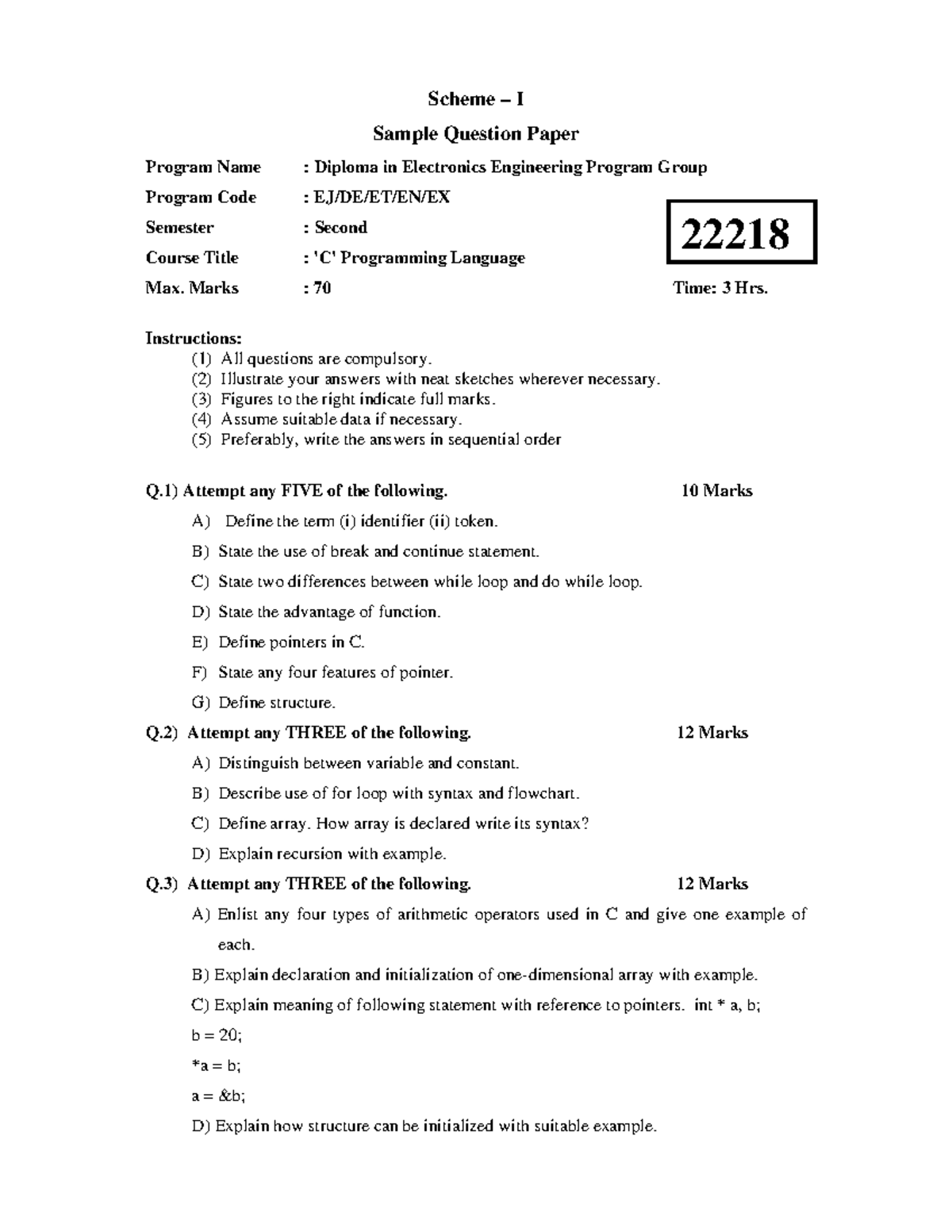 22218 C Programming Language Sample Question Paper - Scheme – I Sample ...