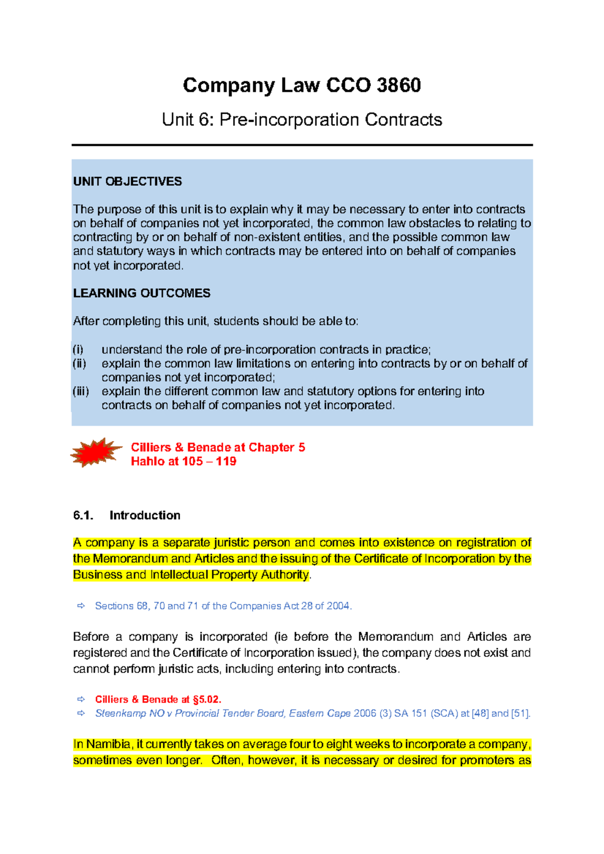 Unit 6 Pre-incorporation Contracts - Company Law CCO 3860 Unit 6: Pre ...