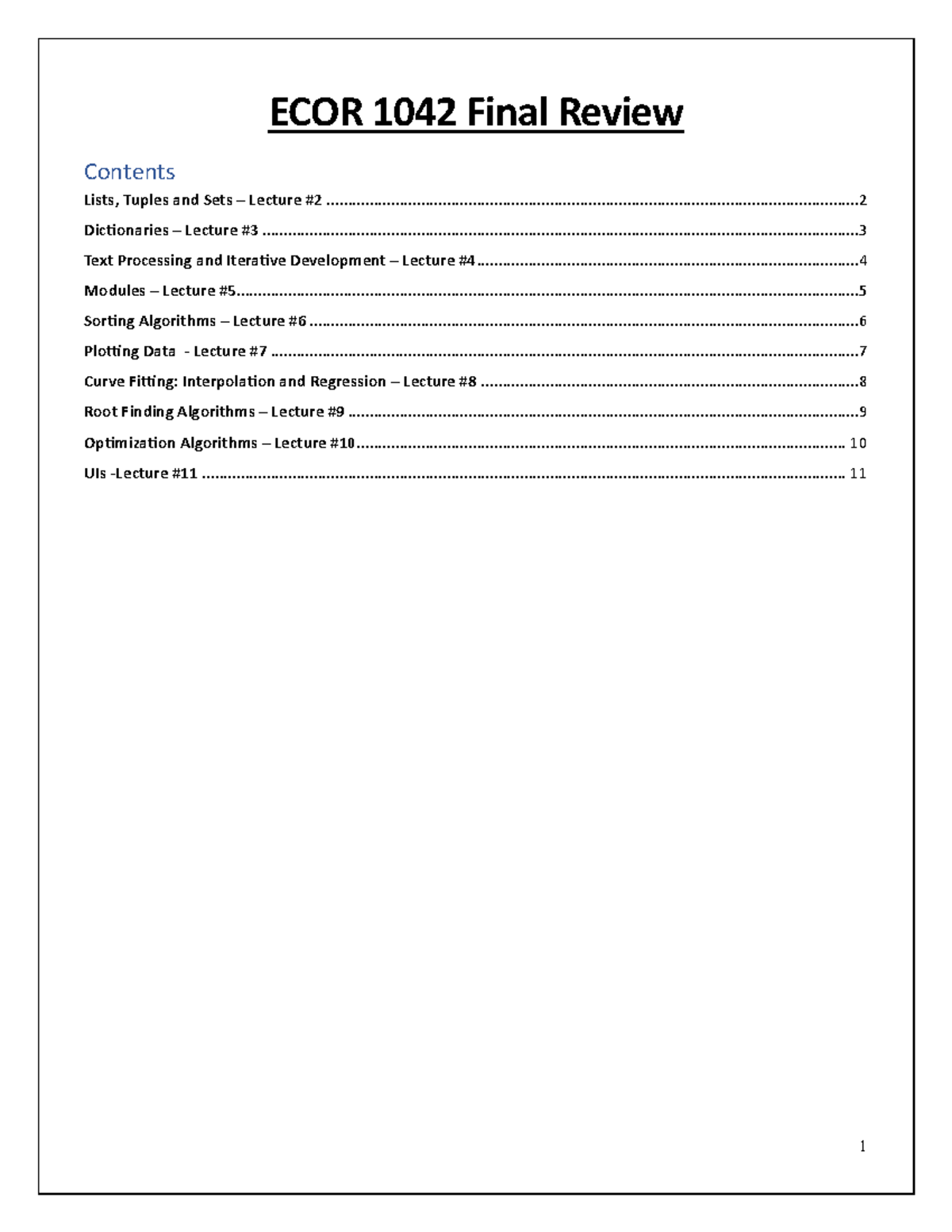 ECOR 1042 Final Notes - ECOR 1042 Final Review Lists, Tuples and Sets ...