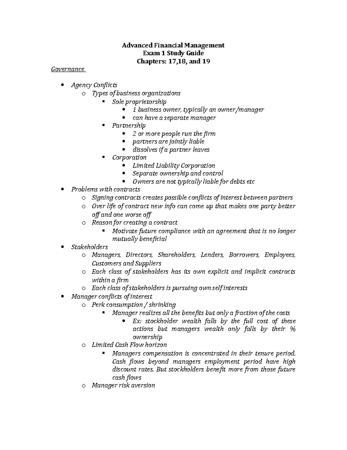Adv Fine Midterm 1 Study Guide - Advanced Financial Management Exam 1 ...