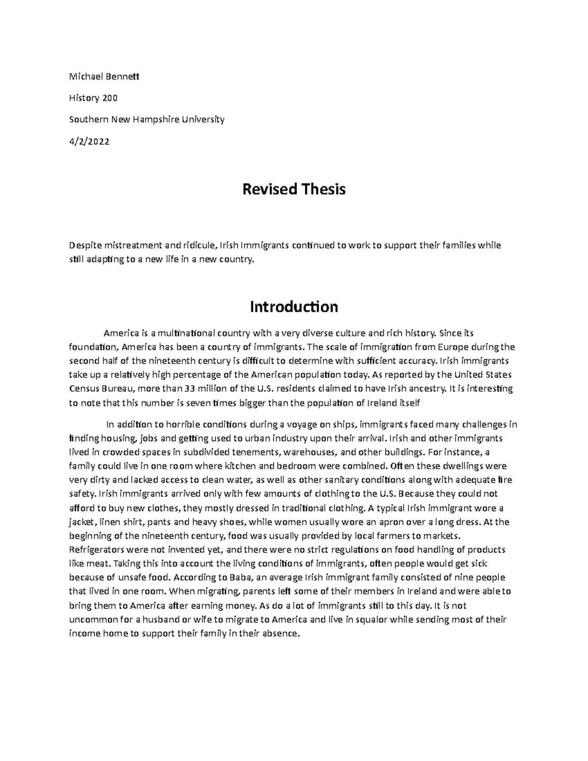 Essay Intro Irish Immigration - Michael Bennet History 200 Southern New ...