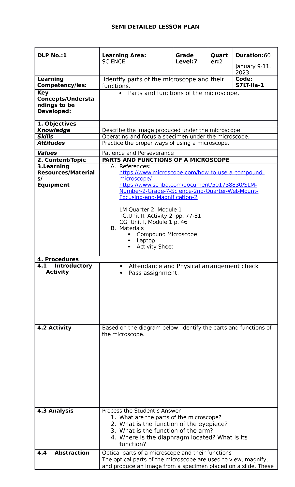 Lesson Plan in Science 7 - SEMI DETAILED LESSON PLAN DLP No.:1 Learning ...