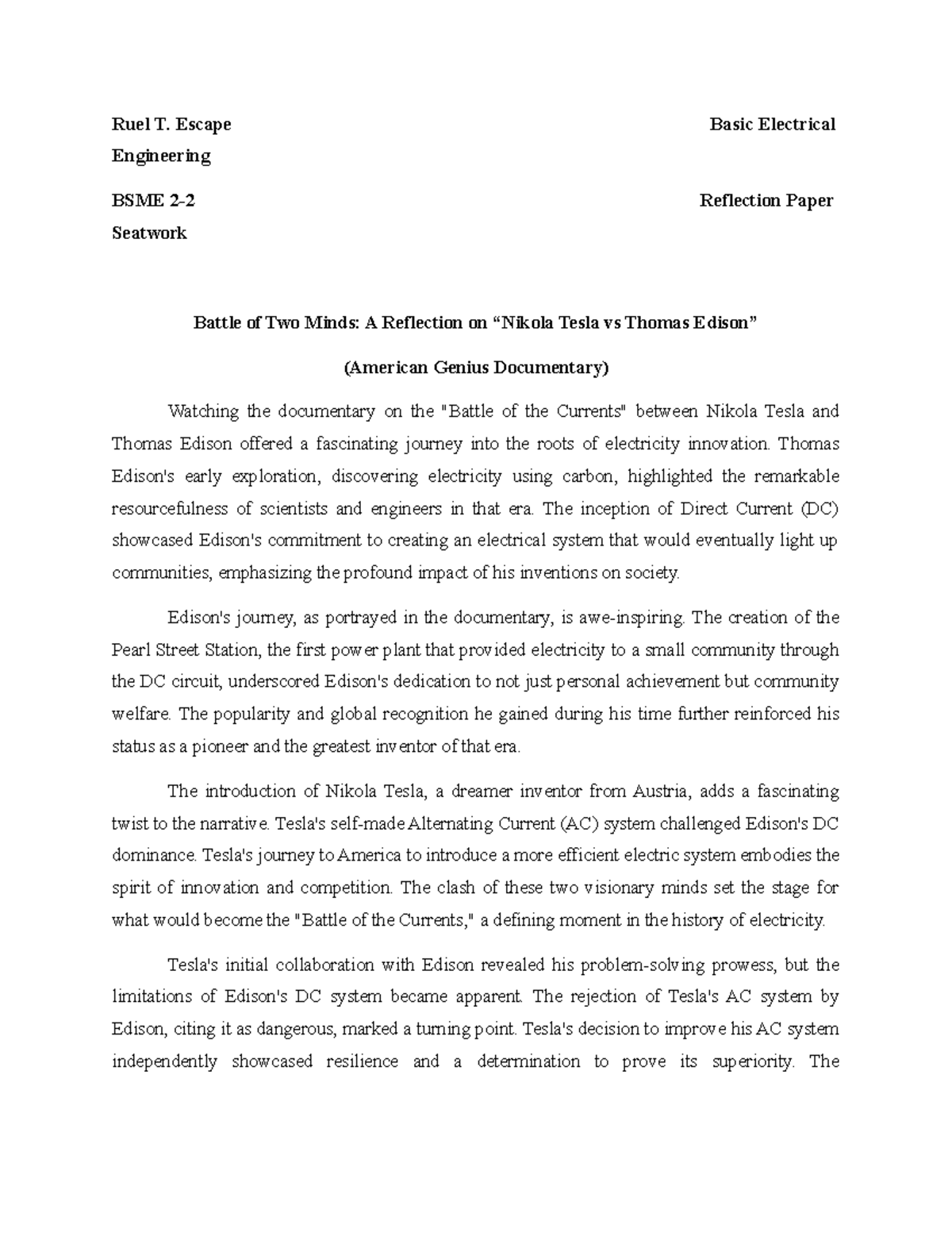 BEE Reflection Paper - Ruel T. Escape Basic Electrical Engineering BSME ...