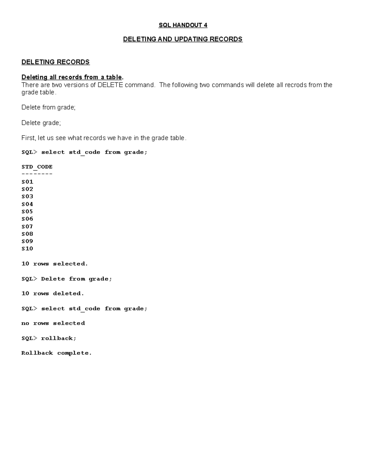 Sql Handout 4 Sql Handout 4 Deleting And Updating Records Deleting