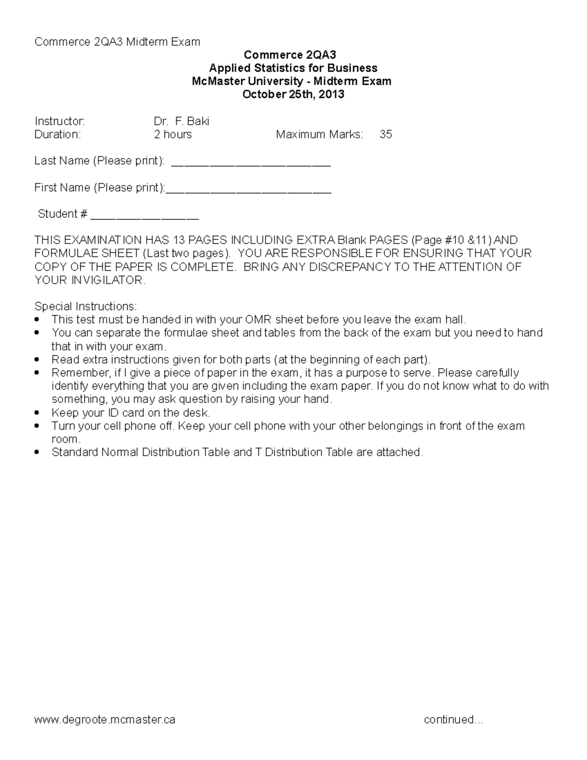 2QA3 Midterm 2 exam October 2013 answer - Commerce 2QA3 Midterm Exam ...