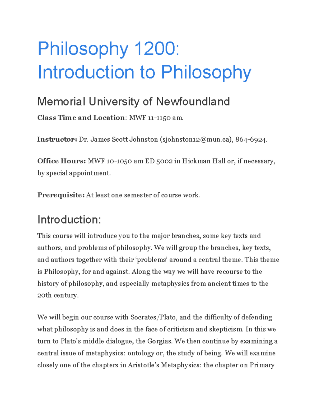 Philosophy 1200 Introduction to Philosophy Course Description ...